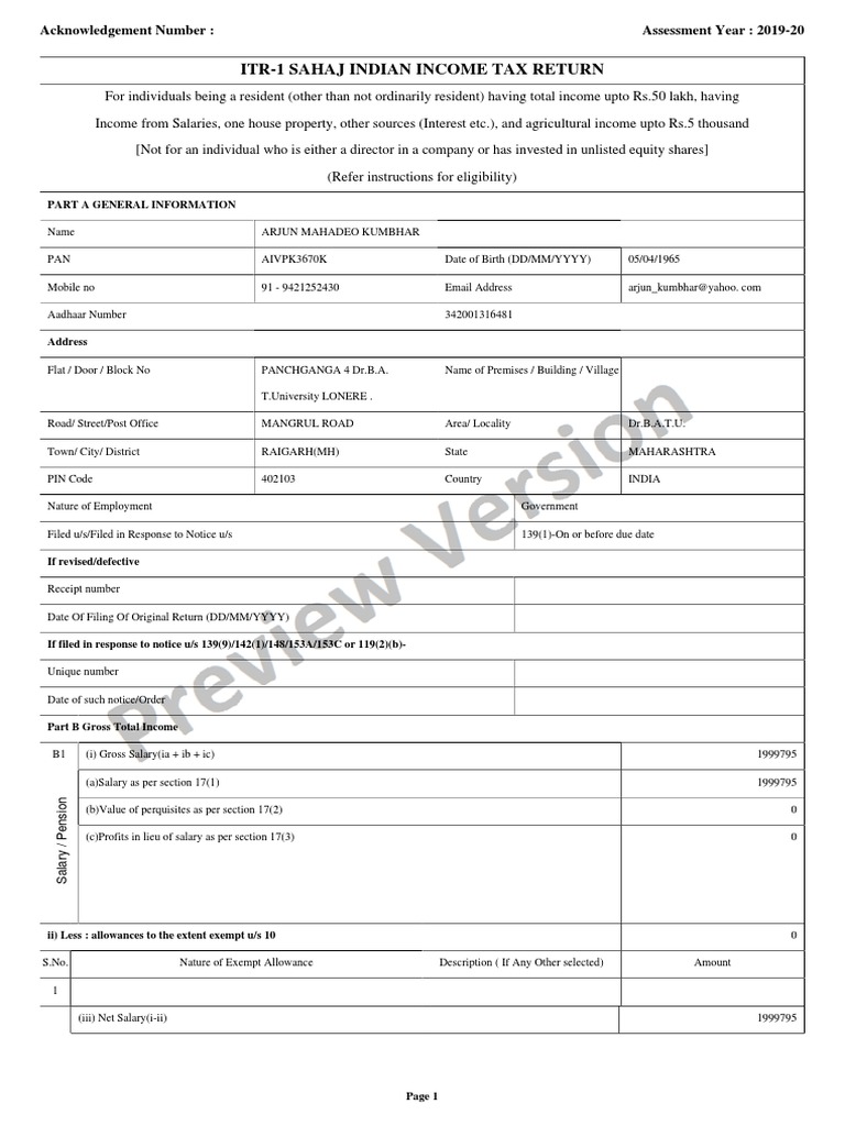 Itr-1 Sahaj Indian Income Tax Return: Acknowledgement Number ...