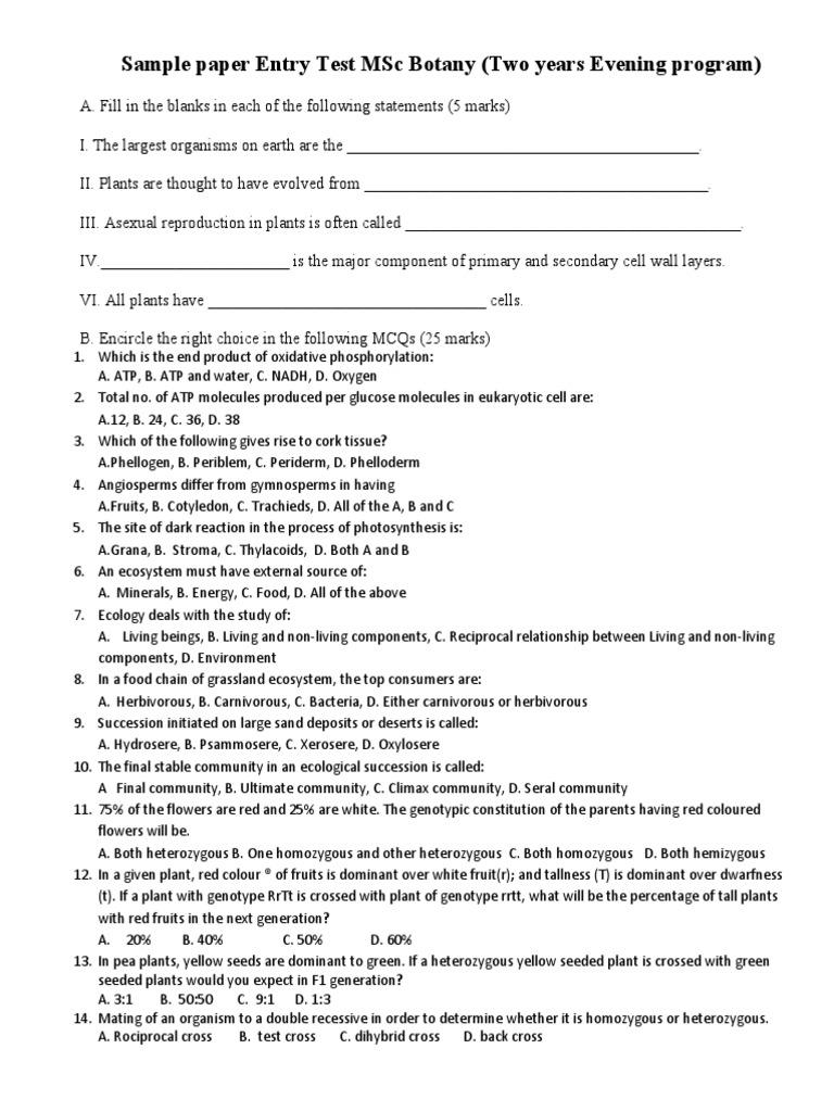 Sample Paper Entry Test MSC Botany (Two Years Evening Program) | PDF ...