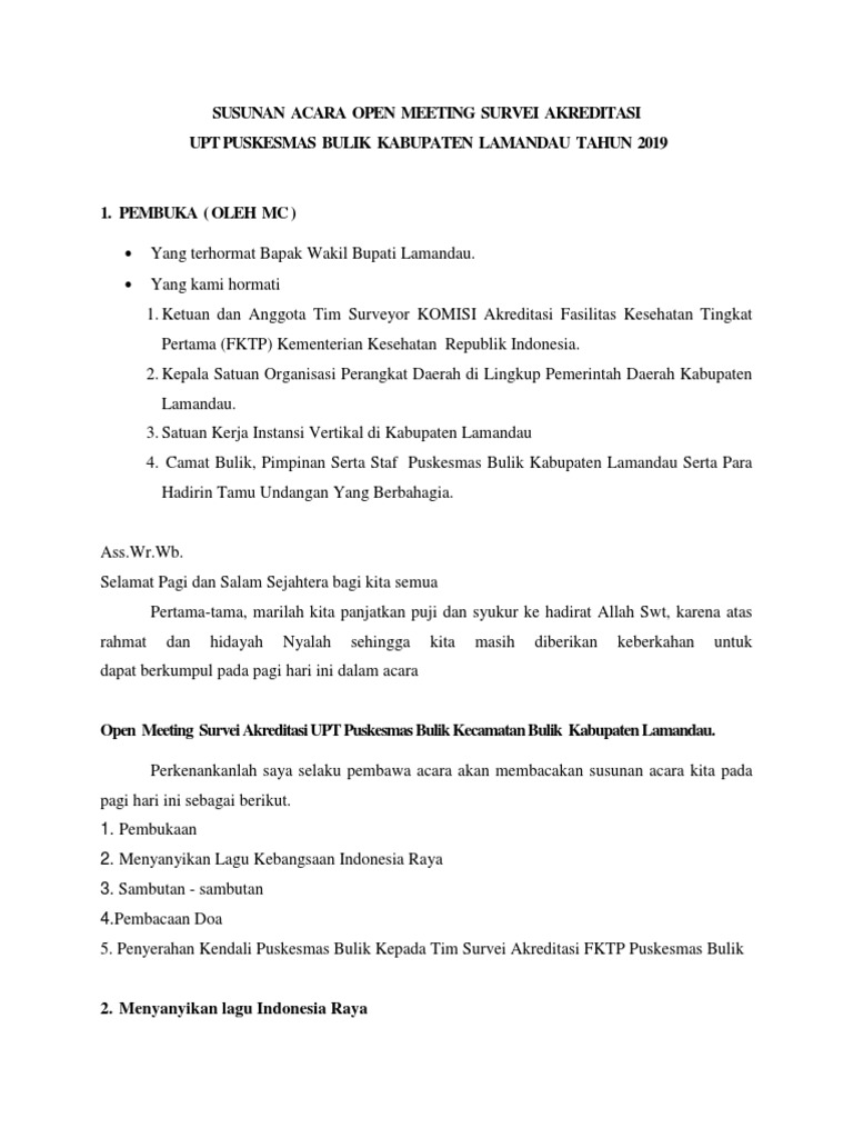 Susunan Acara Open Meeting Survei Akreditasi PKM Bulik | PDF | Sains ...
