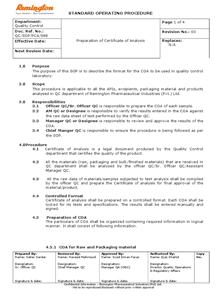 Certificate of Analysis Procedure | PDF | Specification (Technical Standard) | Quality Assurance