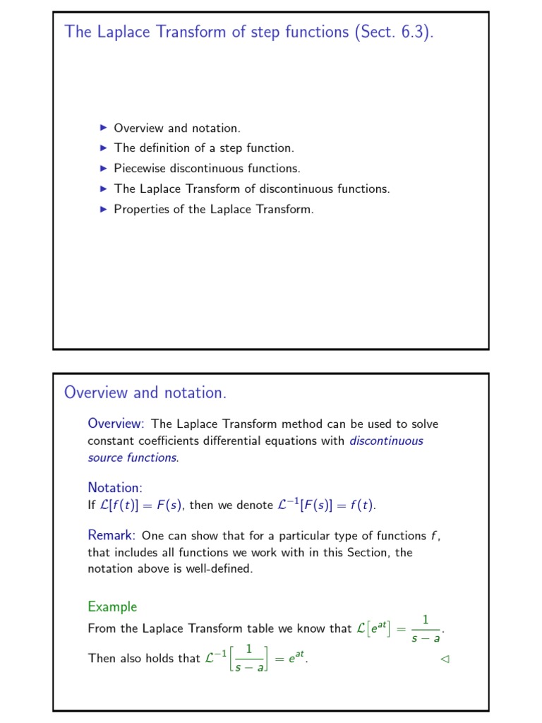 The Laplace Transform of Step Functions (Sect. 6.3) .: Overview | PDF ...