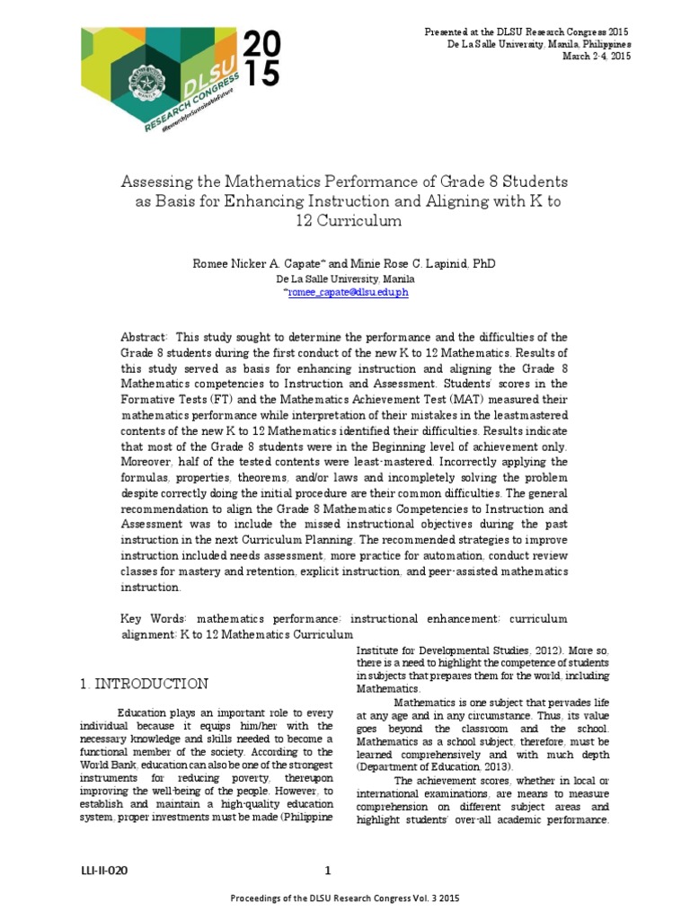 Assessing The Mathematics Performance of Grade 8 Students As Basis For ...