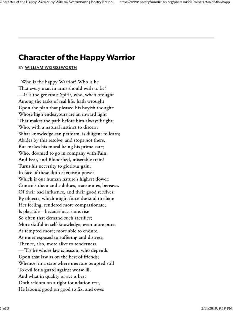 Character of The Happy Warrior by William Wordsworth - Poetry ...