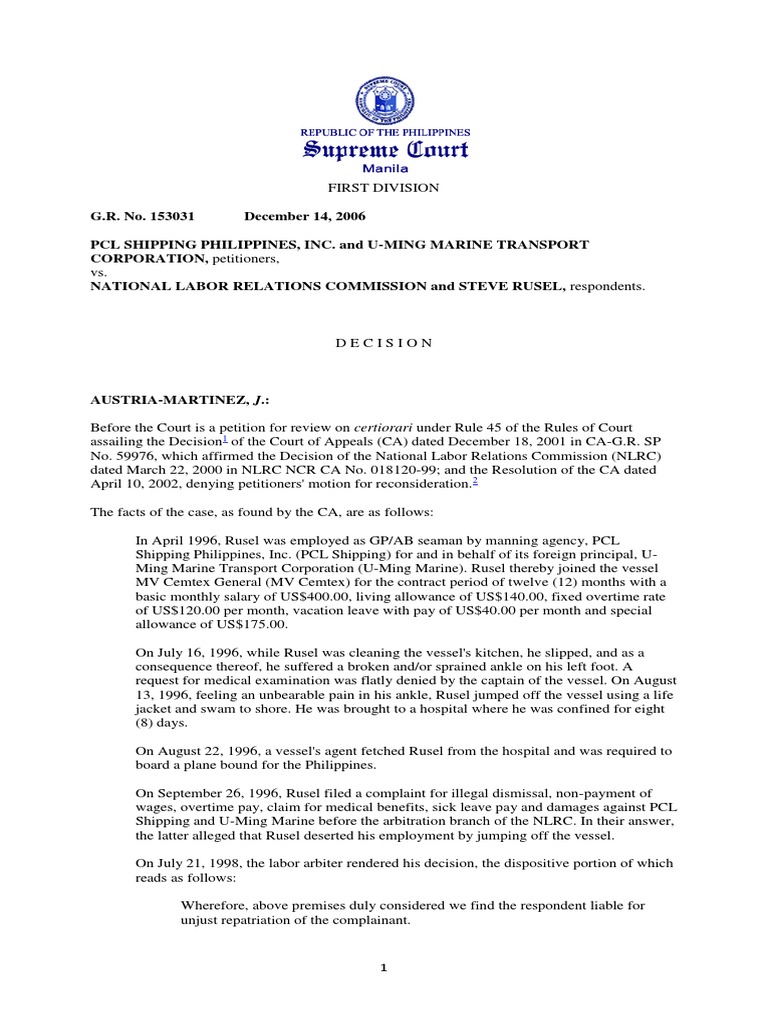 PCL Shipping vs. NLRC (G.R. No. 153031 December 14, 2006) - 8 | PDF ...