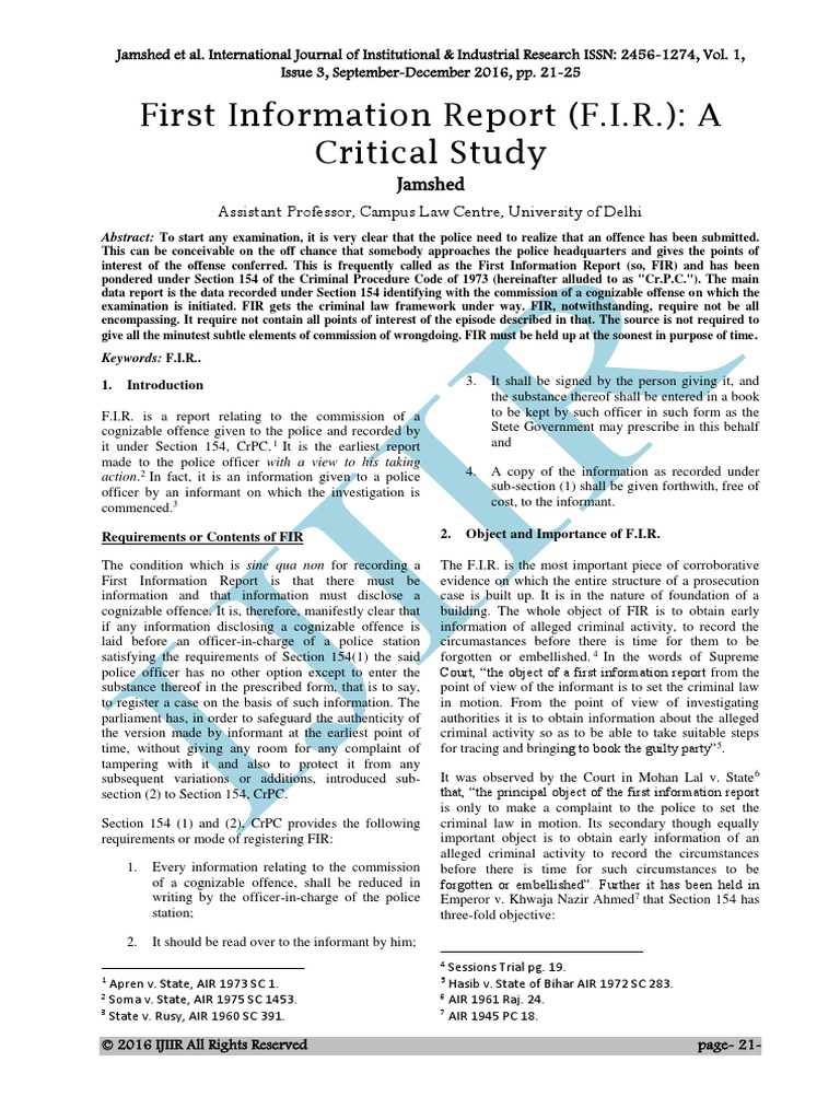 First Information Report (F.I.R.) : A Critical Study: Jamshed ...