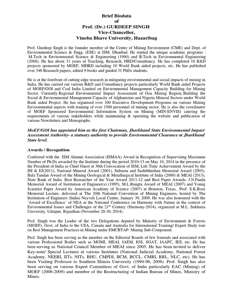 Brief Biodata of Prof. (DR.) Gurdeep Singh Vice-Chancellor, Vinoba ...