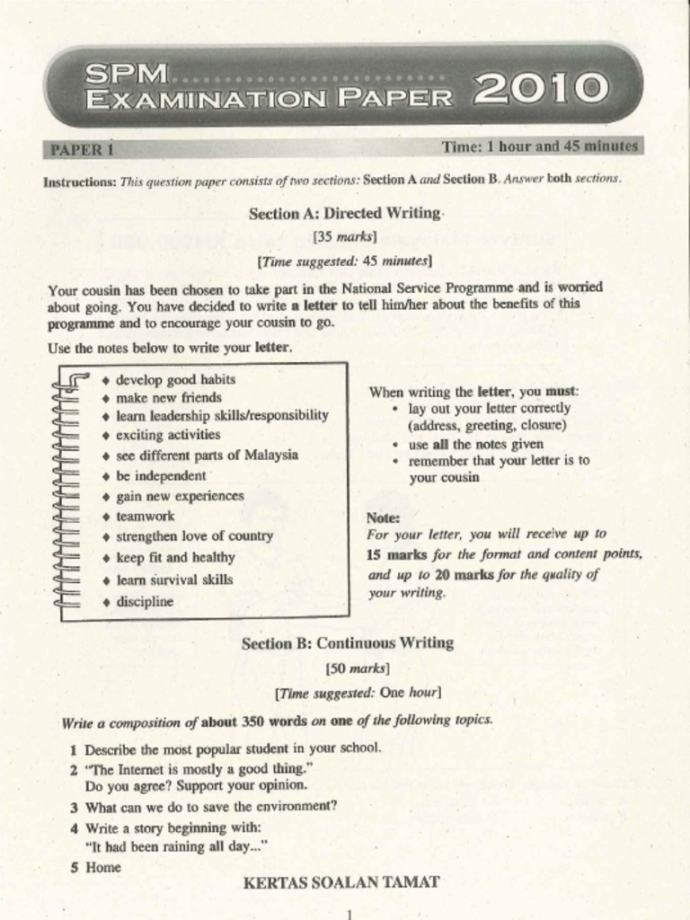 SPM Examination Paper 2010 | PDF