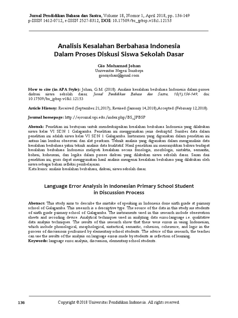 Analisis Kesalahan Berbahasa Indonesia Dalam Proses Diskusi Siswa Sekolah Dasar | PDF | Seni ...
