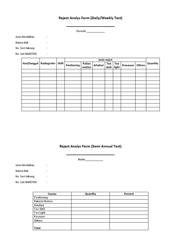 Reject Analys Form (Daily/Weekly Test) | PDF