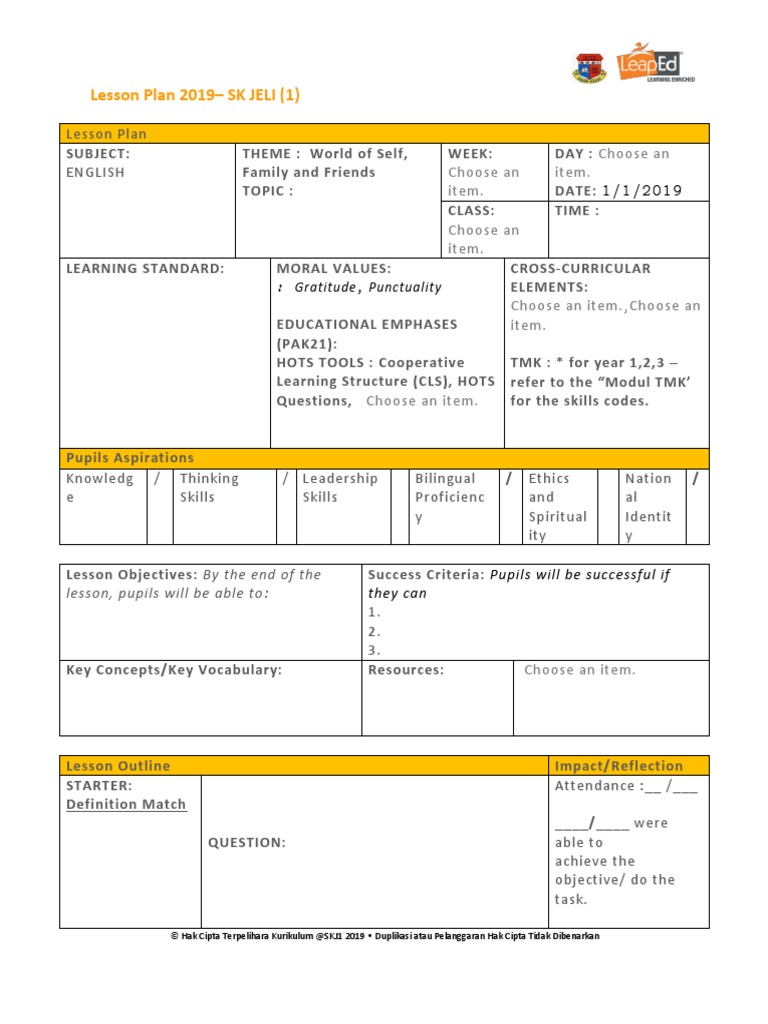 Lesson Plan RPH SKJ 1 (Rasmi) Latest March | PDF | Lesson Plan | Pedagogy
