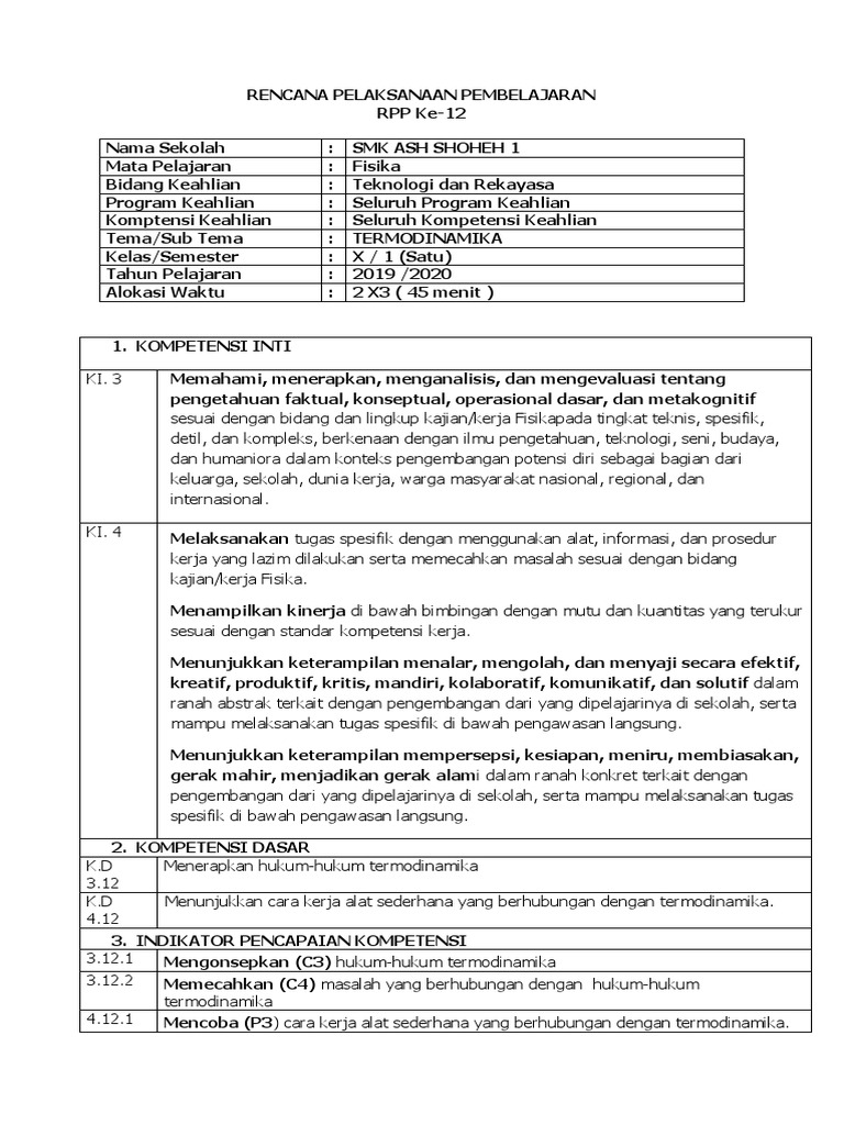 RPP Termodinamika Fisika SMK 2019/2020 | PDF | Sains & Matematika