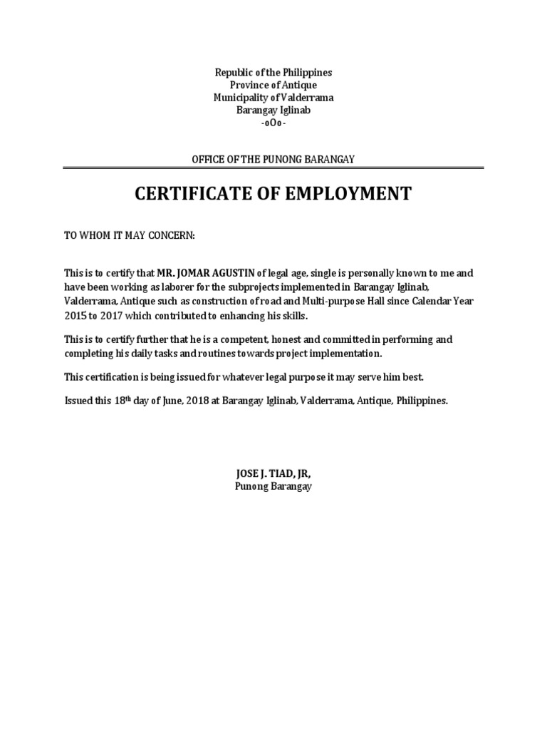 Certificate of Employment: Jose J. Tiad, JR | PDF