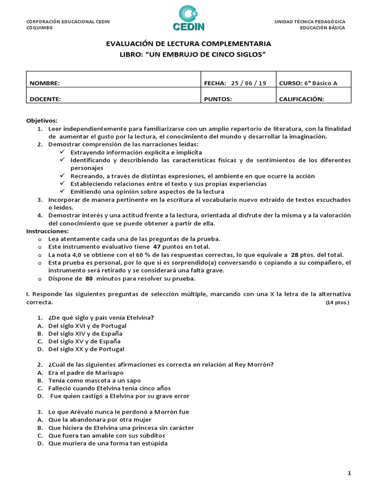 Evaluación de Lectura Complementaria - Sexto Básico | PDF | Aprendizaje | Cognición