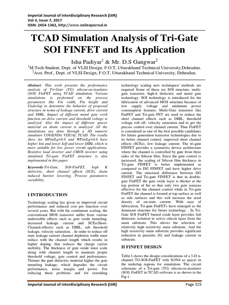 TCAD Simulation Analysis of Tri-Gate Soi Finfet and Its Application | Download Free PDF | Field ...