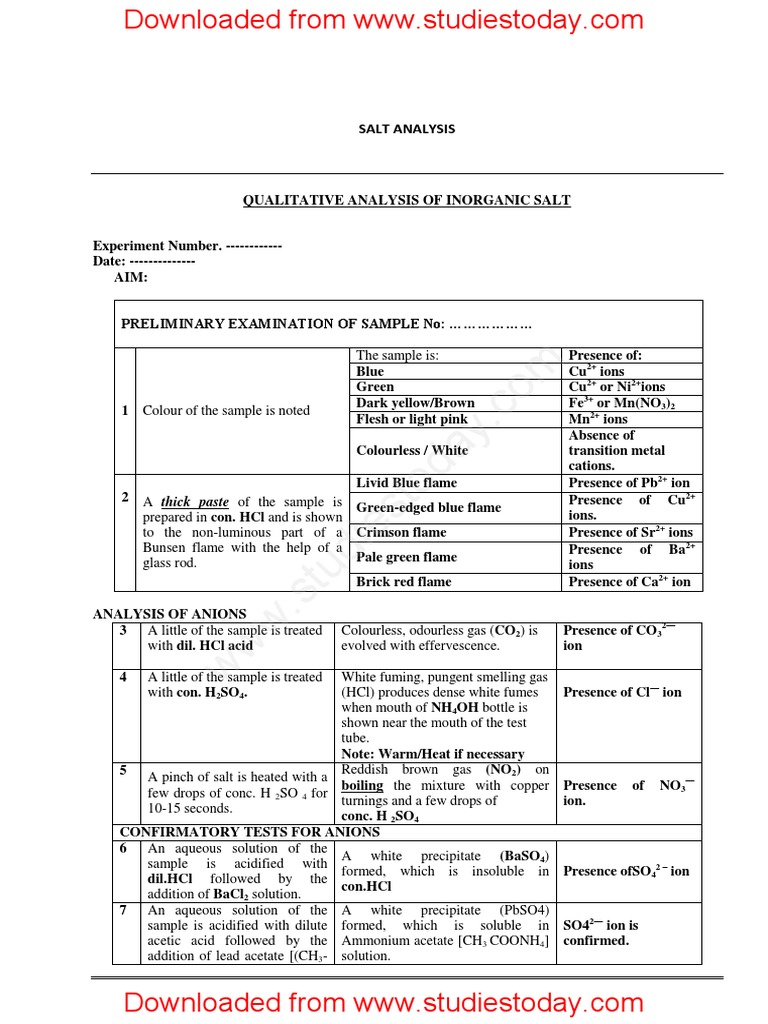CBSE Class 11 Chemistry - Salt Analysis PDF | PDF | Precipitation (Chemistry) | Salt (Chemistry)