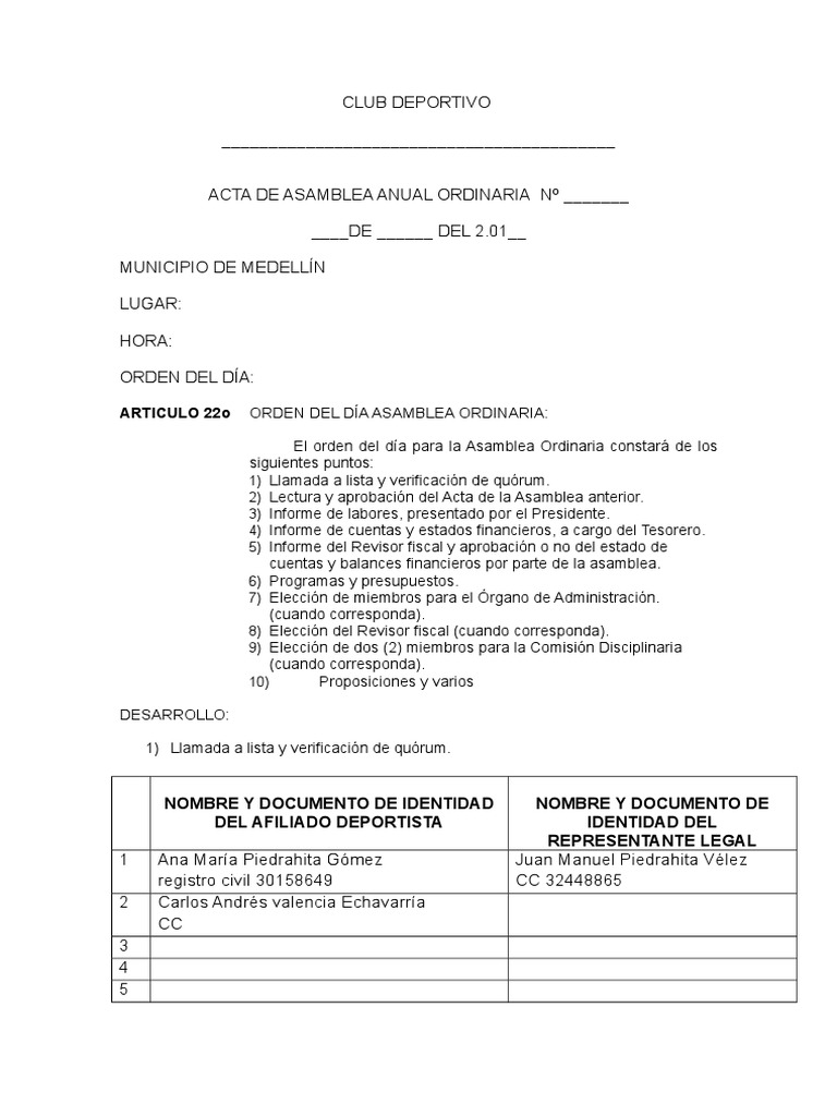 Modelo de Acta para Asamblea Ordinaria - 0 | PDF | Eventos políticos | Gobierno
