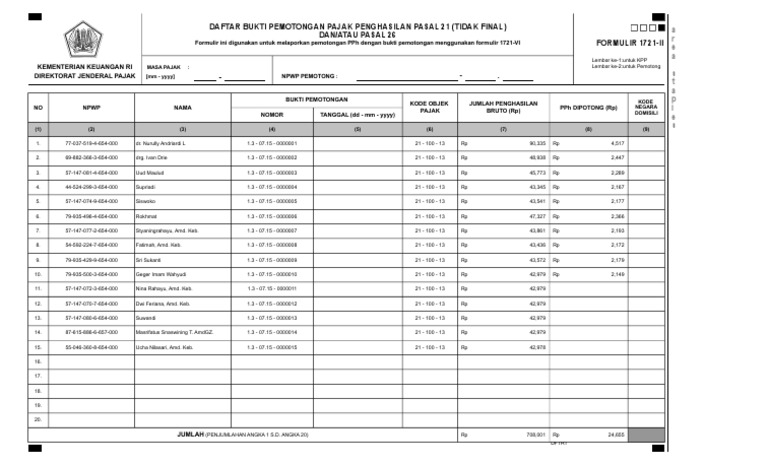 Formulir 1721-Ii Daftar Bukti Pemotongan Pajak Penghasilan Pasal 21 ...
