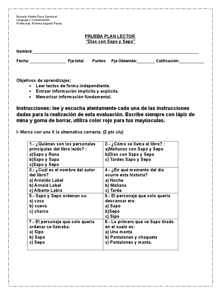 Prueba de Sapo y Sepo | PDF | Artes del Lenguaje y Comunicación