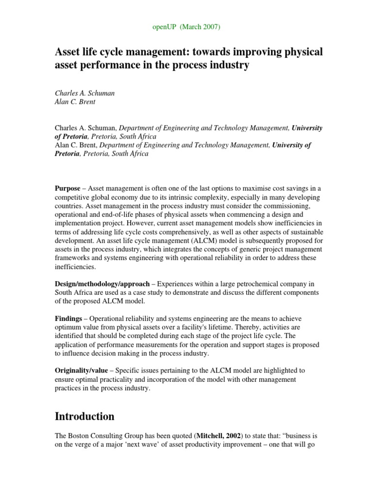Asset Life Cycle Management | PDF | Reliability Engineering | Project ...