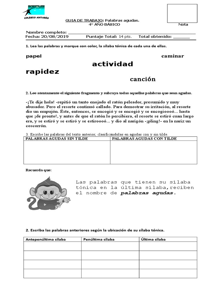 Ejercicios de palabras agudas para 4° básico | PDF