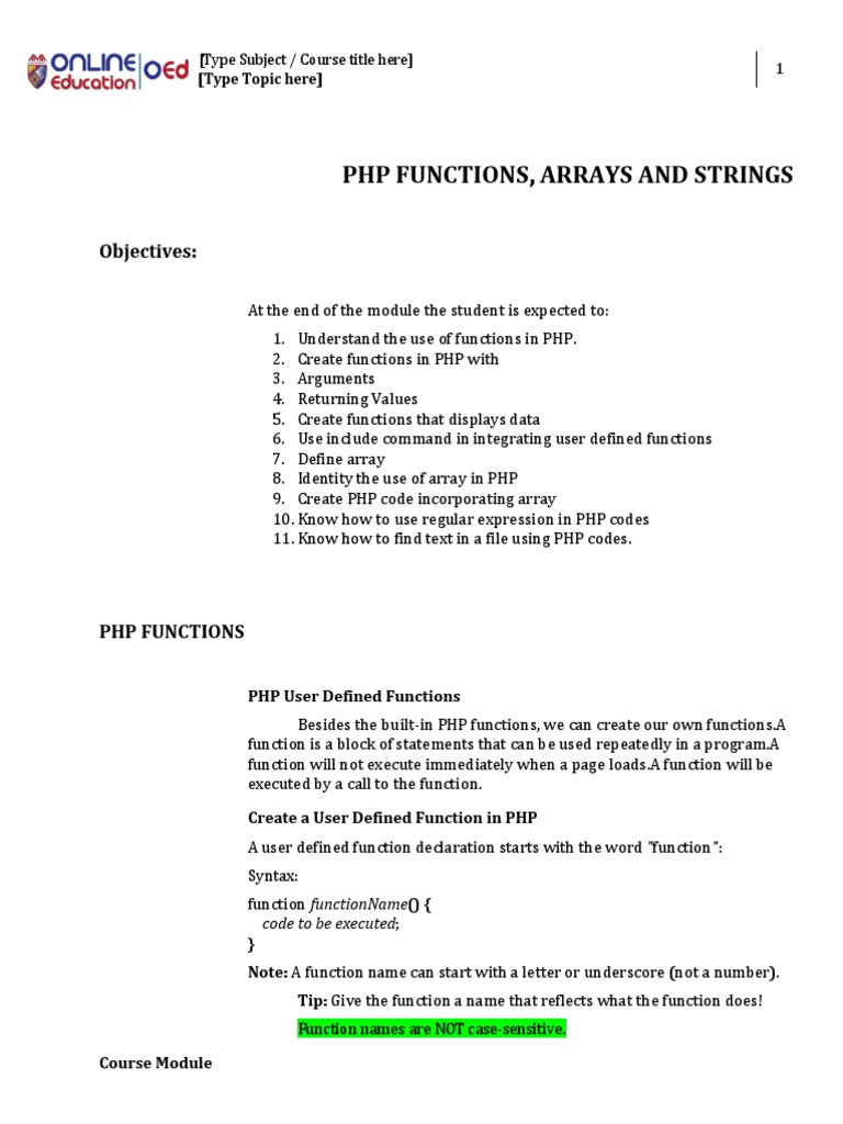 Php Functions Array And Strings Pdf Pdf Parameter Computer Programming Php 2669