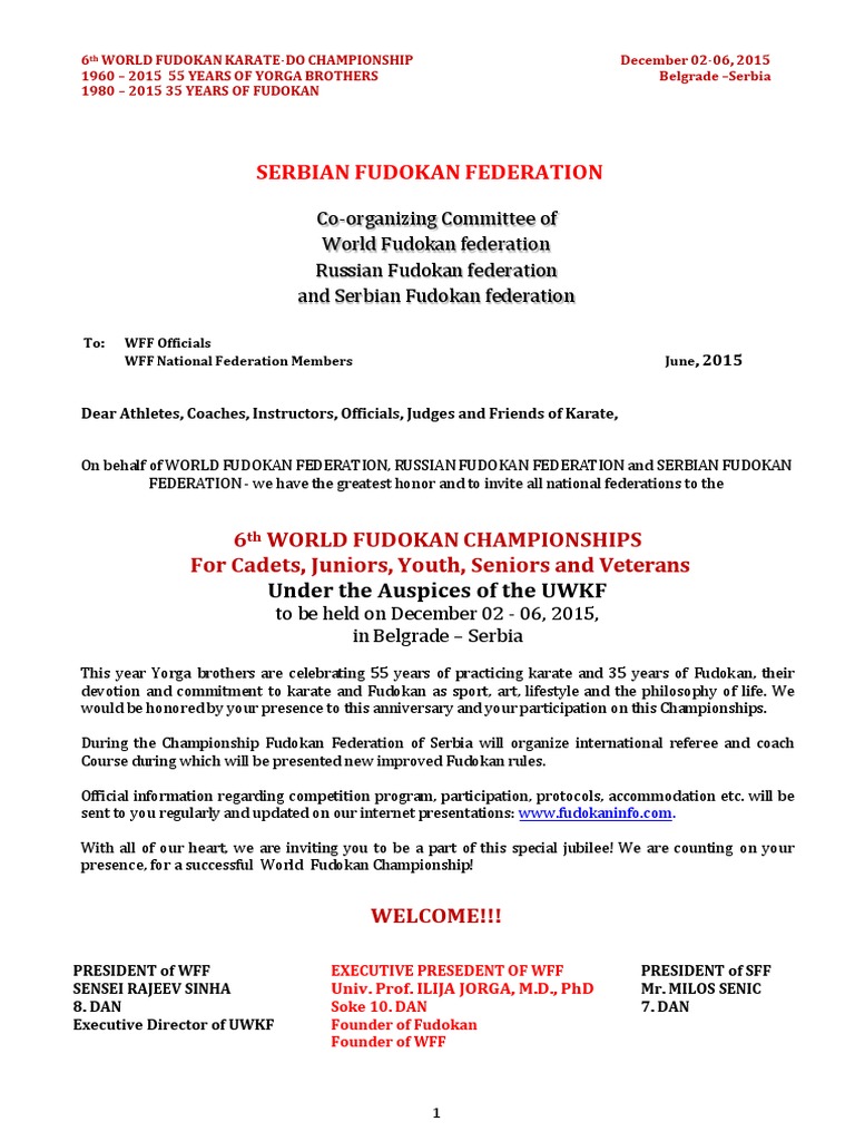 Invitation Letter Belgrade 2015 PDF | PDF | Karate | Combat Sports