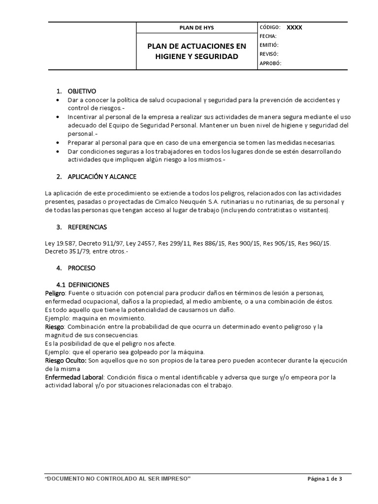 Plan de Hys | PDF | Seguridad y salud ocupacional | Riesgo