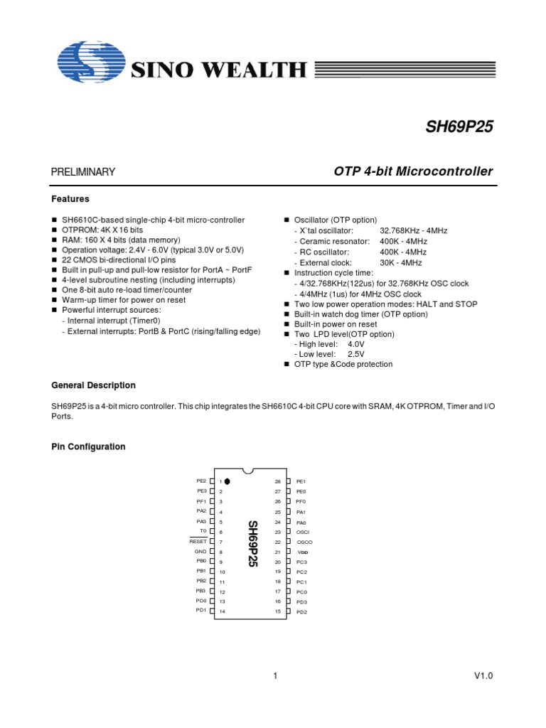 OTP 4-bit Microcontroller Preliminary Document - SH69P25 Features ...