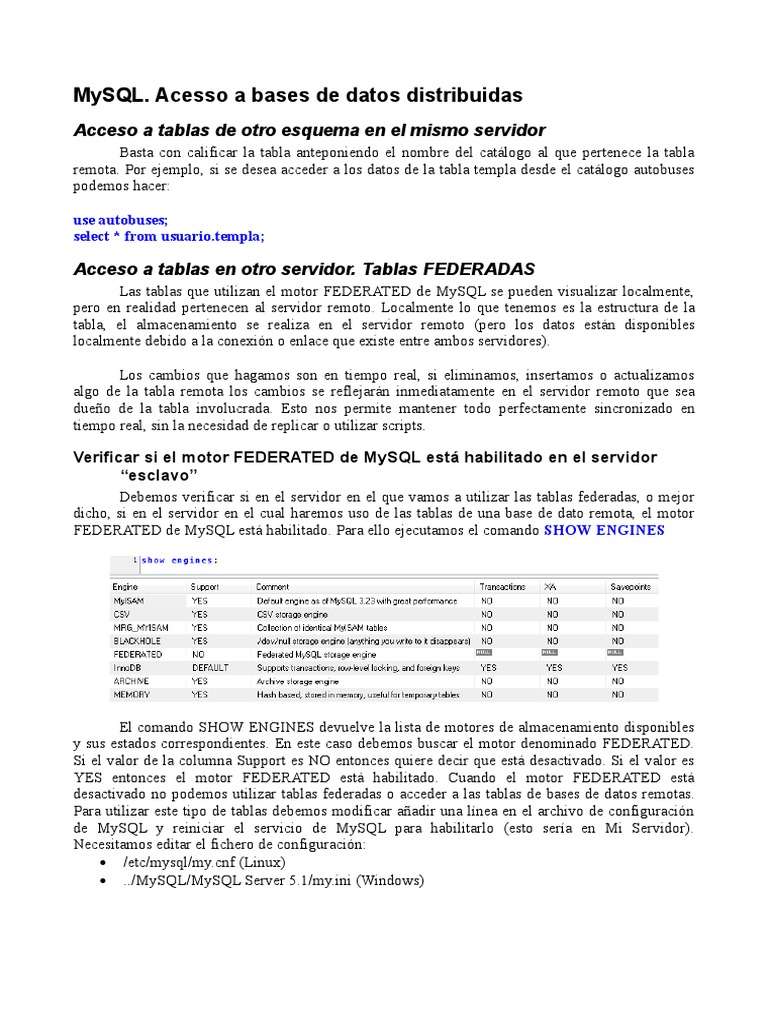 Tablas Federadas MySQL | PDF | Tabla (base de datos) | Mi sql