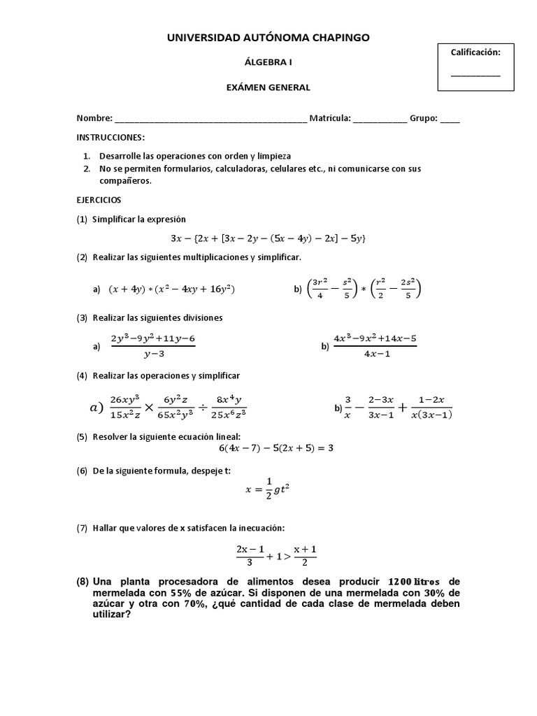Examen General de Álgebra I | PDF | Álgebra | Conceptos matemáticos