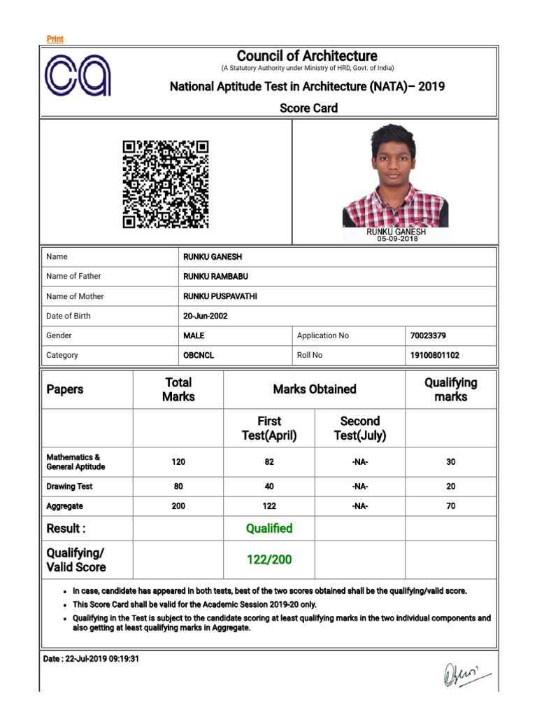 NATA 2019 Score Card . | PDF