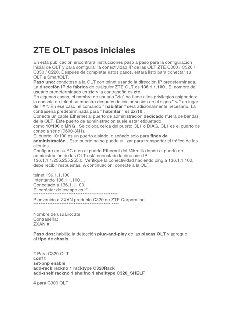 ZTE OLT Pasos Iniciales | PDF | Dirección IP | Contraseña