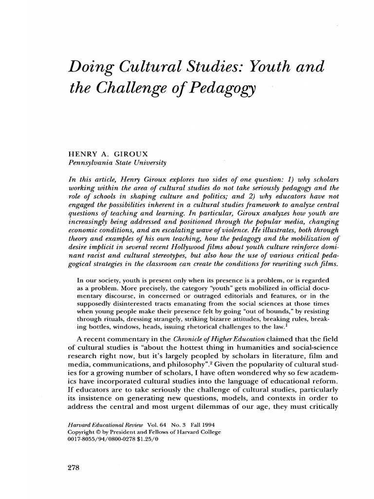 Doing Cultural Studies: Youth and The Challenge of Pedagogy | PDF