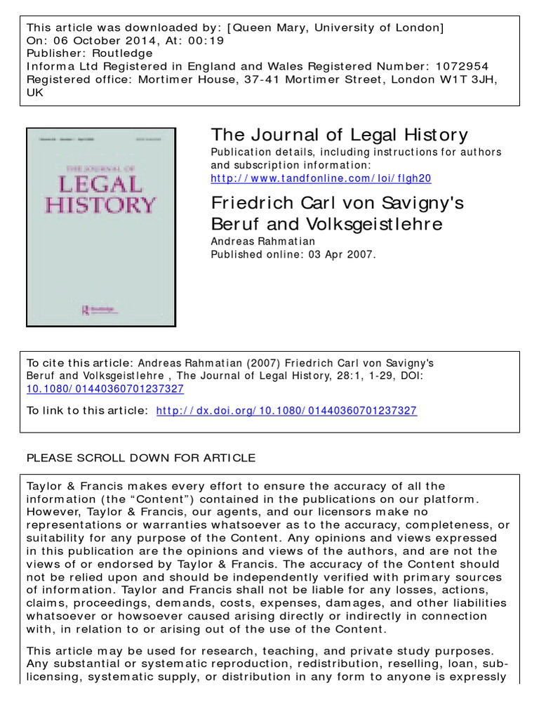 Friedrich Carl Von Savigny's Beruf and Volksgeistlehre | PDF | Roman ...