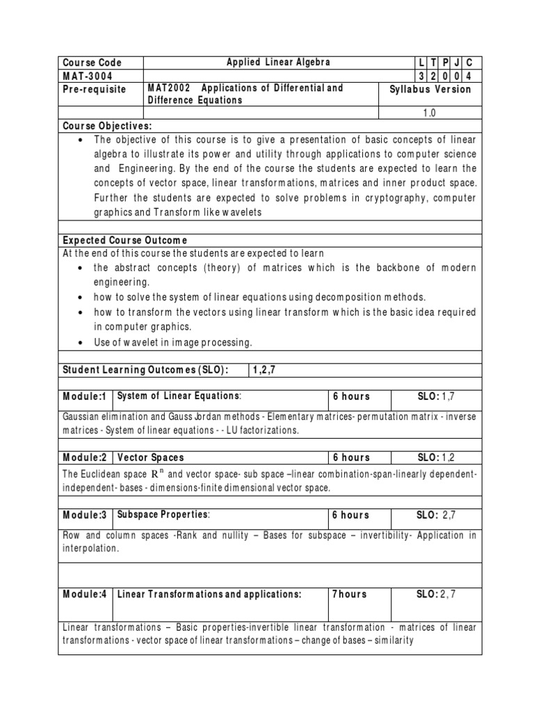 MAT3004 Syllabus | PDF | Linear Map | Linear Algebra