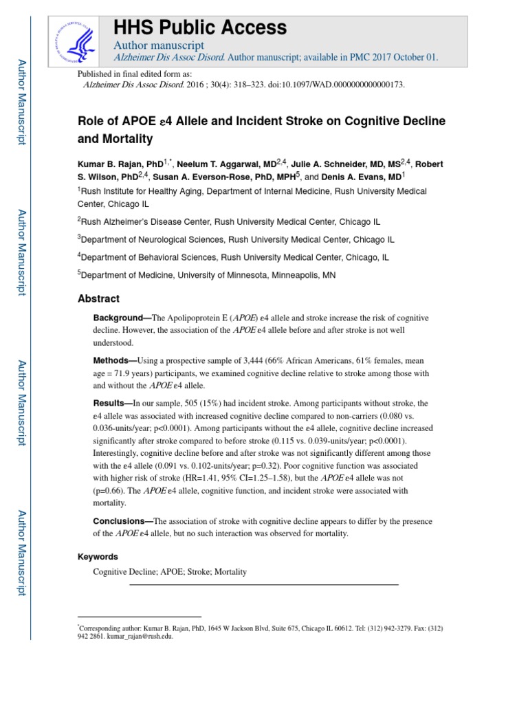 HHS Public Access: Role of APOE 4 Allele and Incident Stroke On ...