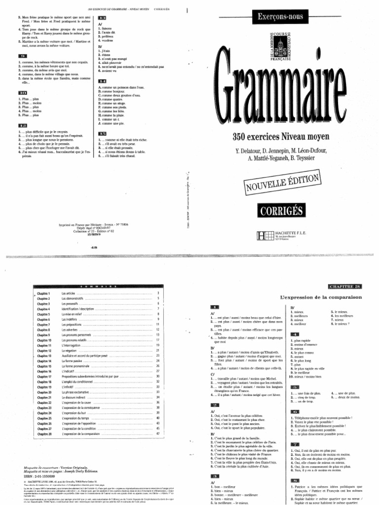 Hachette Grammaire Francaise 350 Exercices Niveau Moyen Corriges PDF | PDF