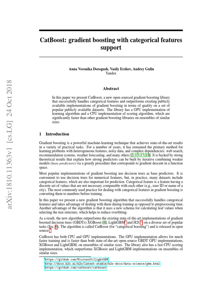 Catboost: Gradient Boosting With Categorical Features Support ...