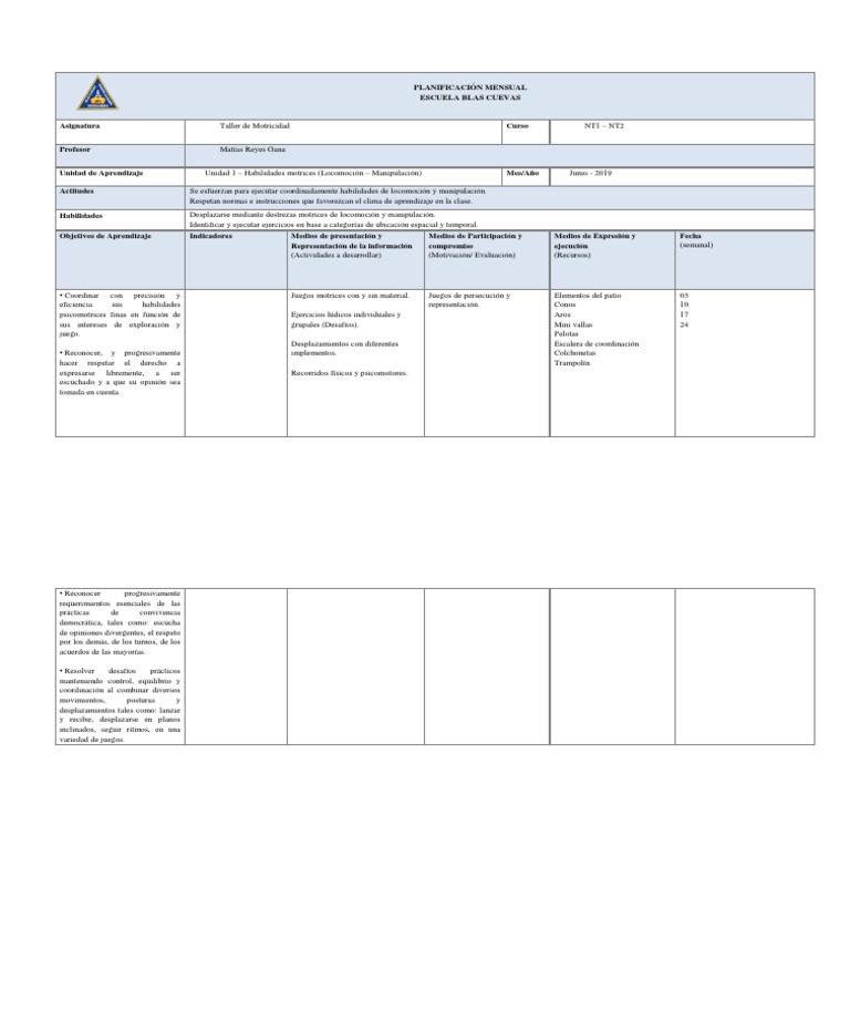 Planificación Mensual Pre-Básica Junio | PDF | Planificación | Aprendizaje
