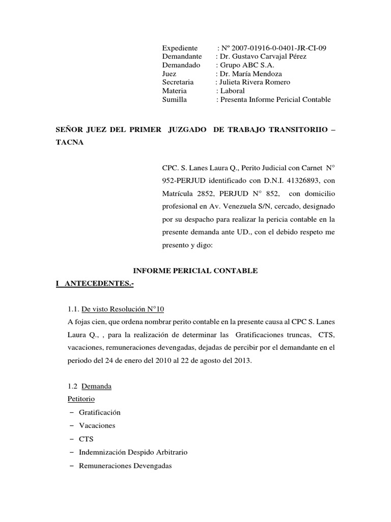 Informe Pericial Laboral Contable | PDF | Testigo experto | Salario