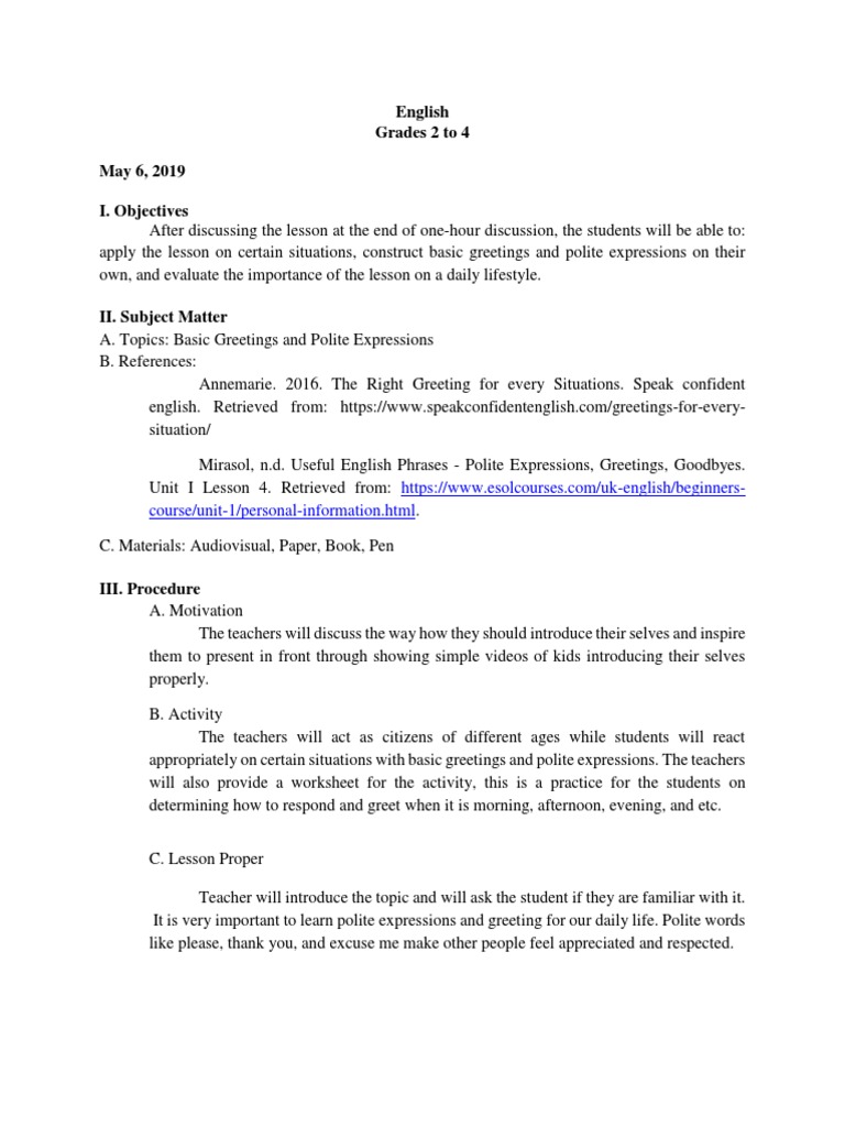 Sample Lesson Plan English | PDF