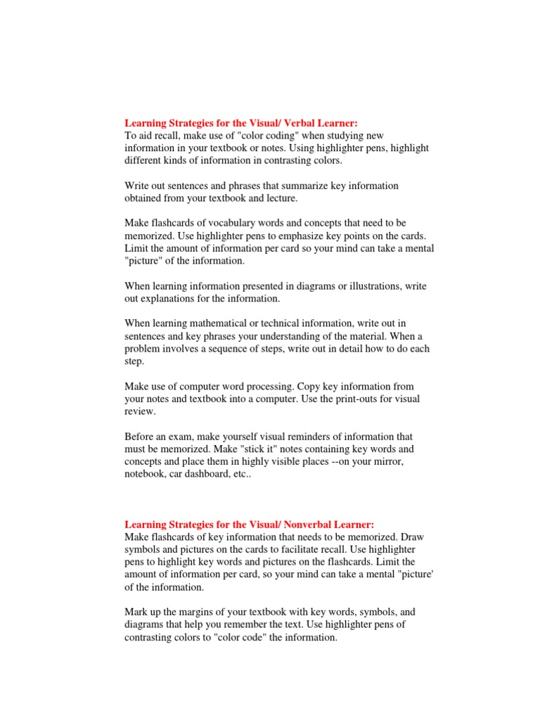 Learning Strategies For The Visual/ Verbal Learner | PDF | Flashcard ...