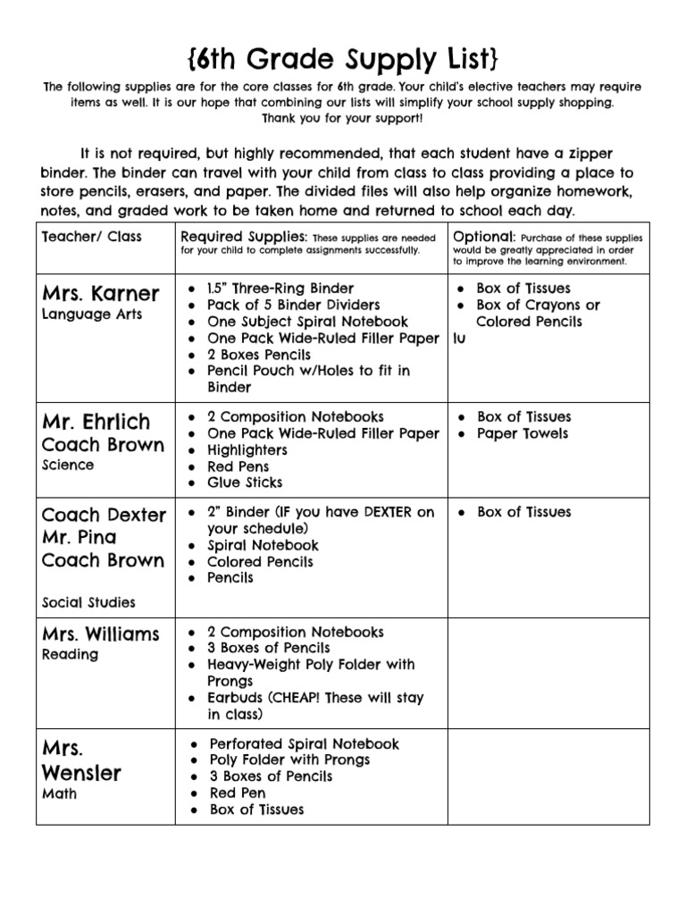 6th Grade Supply List | PDF | Notebook | Pencil