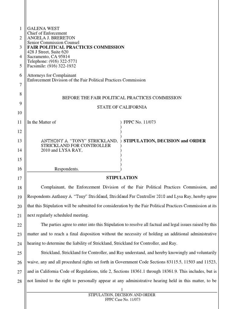FPPC Case No. 11/073 Stipulation, Decision and Order | PDF | Legal ...