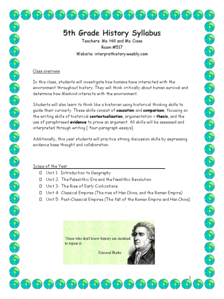 5th Grade History Class Syllabus | PDF | Homework | Communication