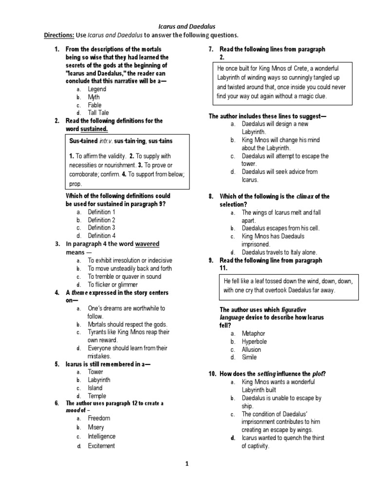 Icarus and Daedalus: Quiz and Analysis | PDF