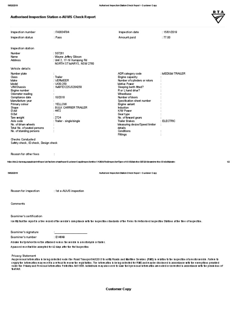Authorised Inspection Station Check Report - Customer | PDF | Vehicles | Trailer (Vehicle)