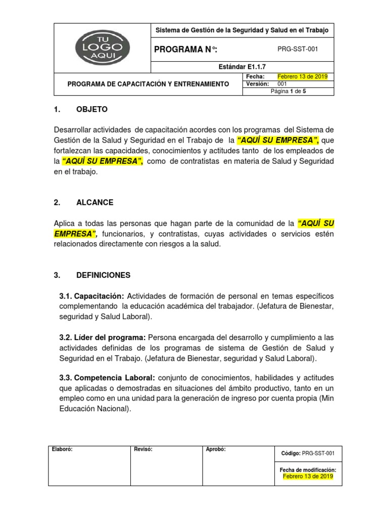 PRG-SST-001 Programa de Capacitación y Entrenamiento | PDF | Bienestar | Derecho laboral