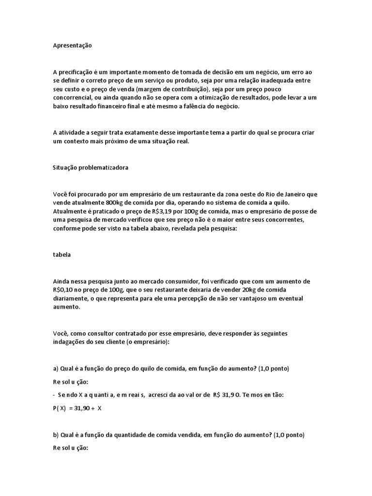Trabalho Ava1 Matematica Aplicada | PDF | Preços | Business Trabalho Ava1 Matematica Aplicada | PDF | Preços | Business