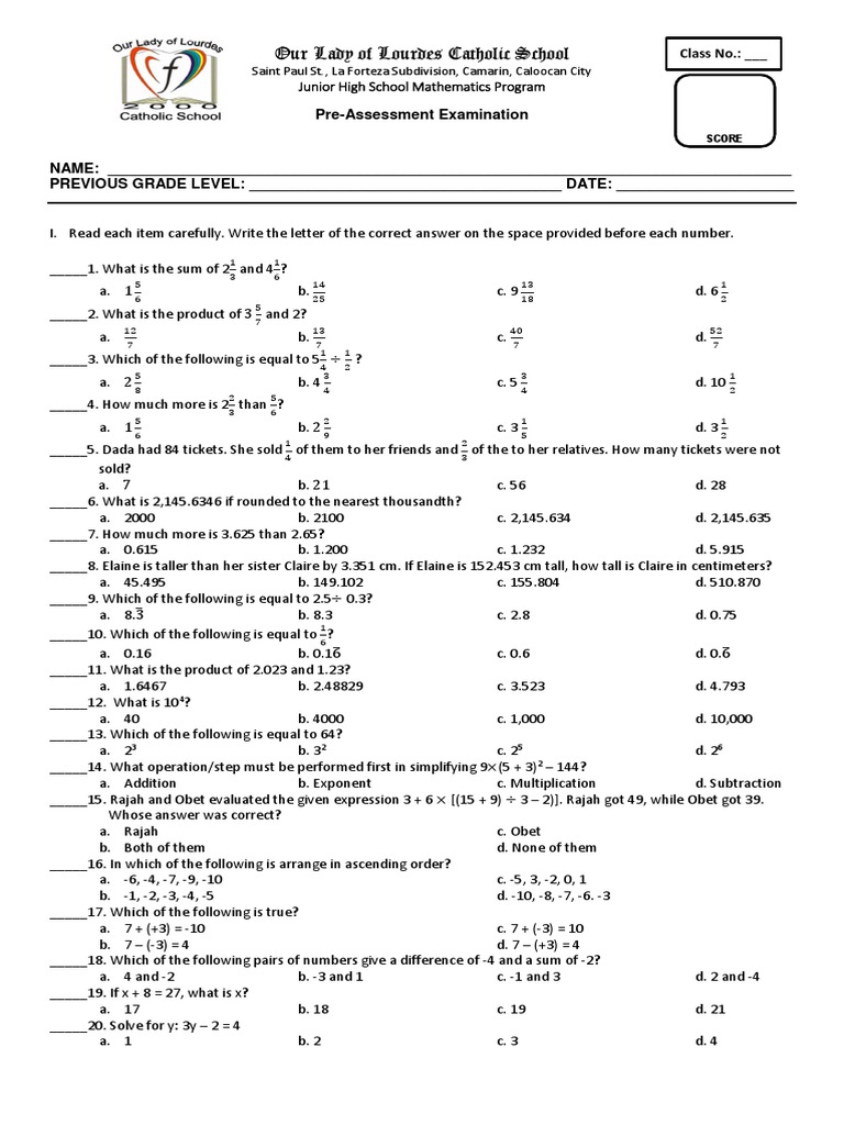 Pre-Test Math Prog (JHS) | PDF | Arithmetic | Elementary Mathematics